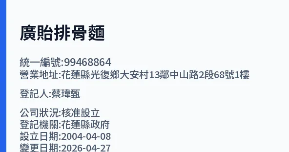 廣貽排骨麵的照片-統編 99468864(花蓮縣) 公司登記資料與營業項目詳細圖表
