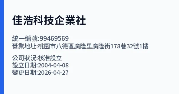 佳浩科技企業社的照片-統編 99469569(桃園市) 公司登記資料與營業項目詳細圖表
