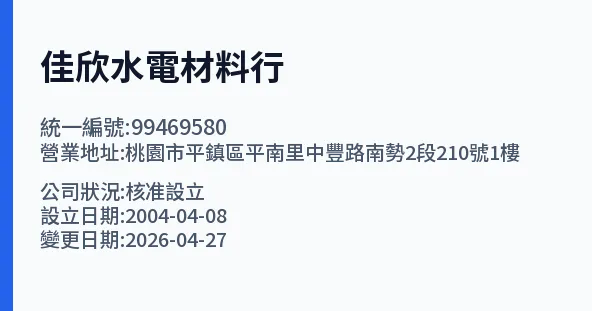 佳欣水電材料行的照片-統編 99469580(桃園市) 公司登記資料與營業項目詳細圖表