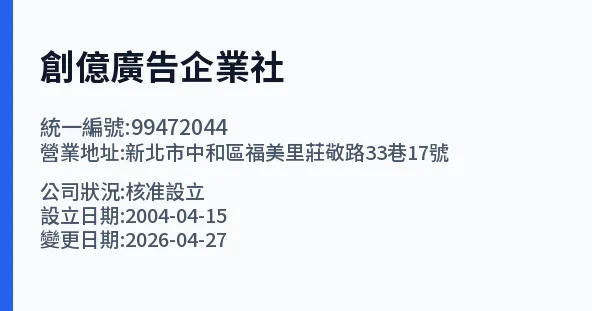 創億廣告企業社的照片-統編 99472044(新北市) 公司登記資料與營業項目詳細圖表