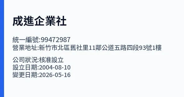 成進企業社的照片-統編 99472987(新竹市) 公司登記資料與營業項目詳細圖表
