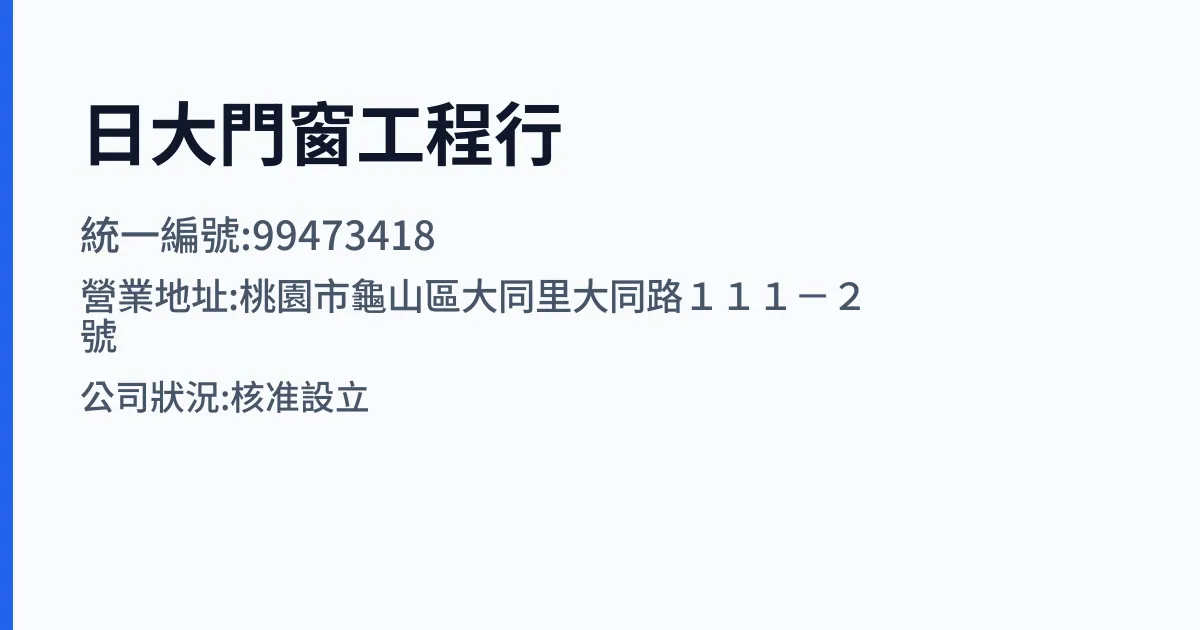日大門窗工程行 - 統編 99473418(桃園市) 公司登記資料與營業項目詳細圖表