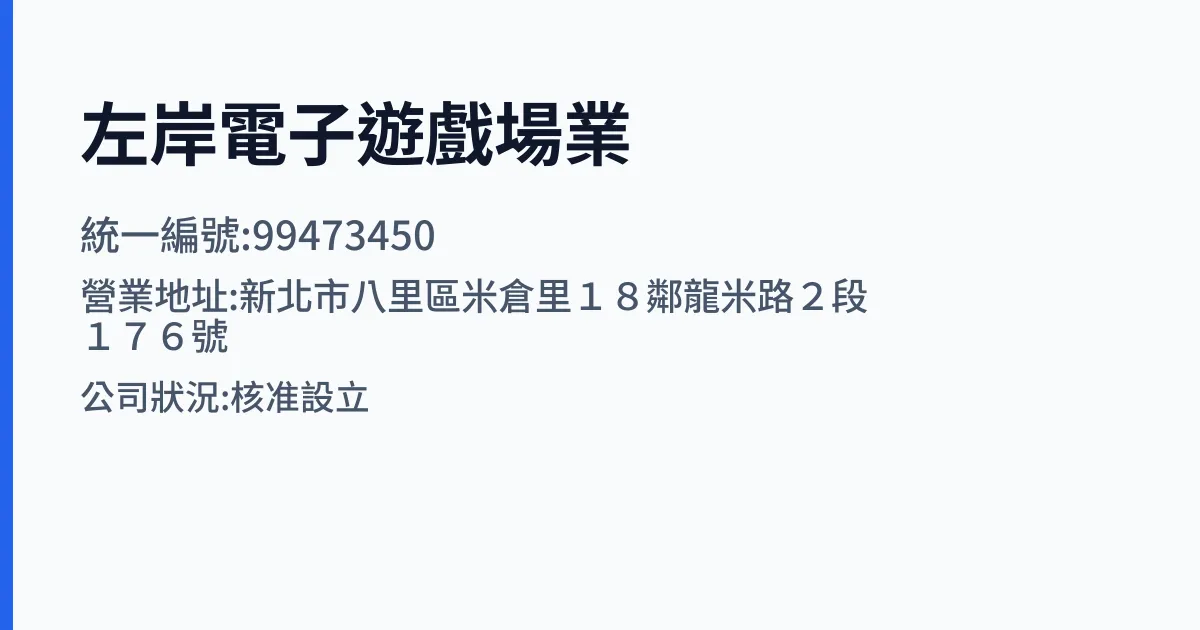 左岸電子遊戲場業 - 統編 99473450(新北市) 公司登記資料與營業項目詳細圖表