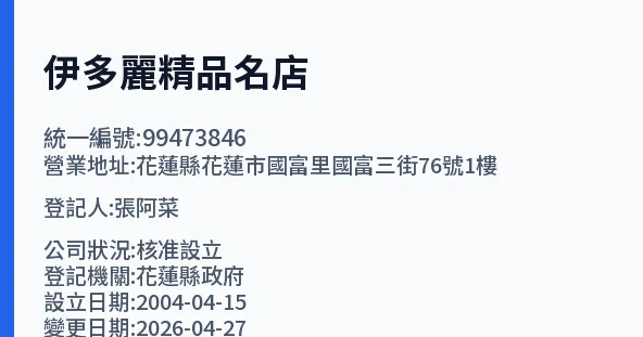 伊多麗精品名店的照片-統編 99473846(花蓮縣) 公司登記資料與營業項目詳細圖表
