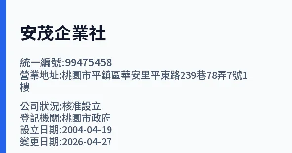 安茂企業社的照片-統編 99475458(桃園市) 公司登記資料與營業項目詳細圖表