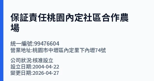 保証責任桃園內定社區合作農場的照片-統編 99476604(桃園市) 公司登記資料與營業項目詳細圖表