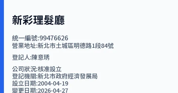 新彩理髮廳的照片-統編 99476626(新北市) 公司登記資料與營業項目詳細圖表