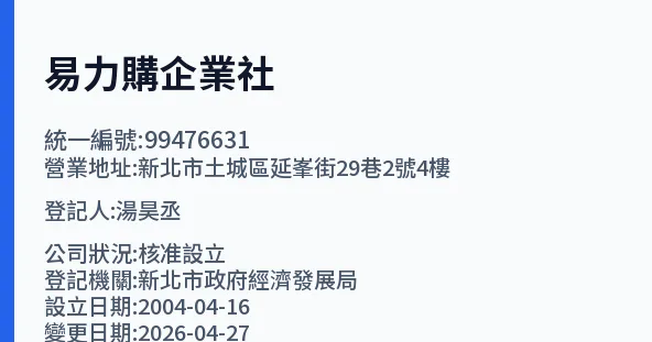 易力購企業社的照片-統編 99476631(新北市) 公司登記資料與營業項目詳細圖表
