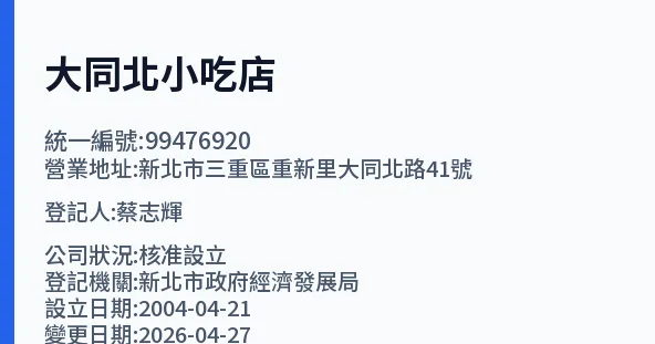 大同北小吃店的照片-統編 99476920(新北市) 公司登記資料與營業項目詳細圖表