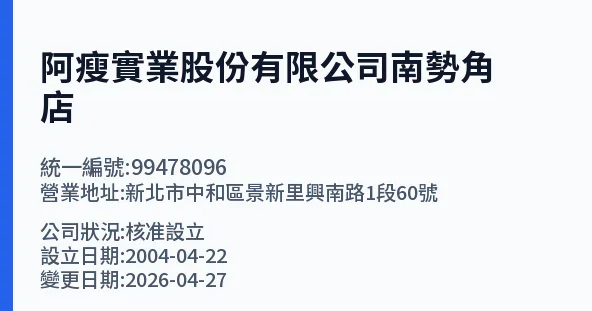 阿瘦實業股份有限公司南勢角店的照片-統編 99478096(新北市) 公司登記資料與營業項目詳細圖表