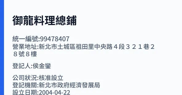 御龍料理總鋪的照片-統編 99478407(新北市) 公司登記資料與營業項目詳細圖表