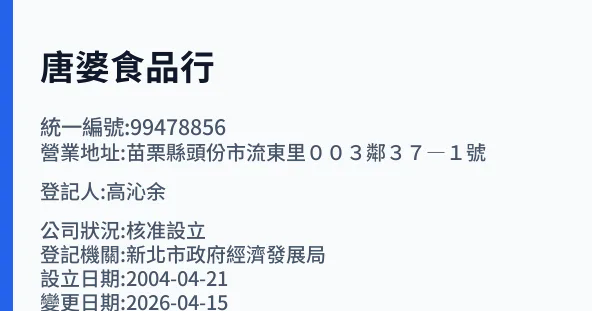 唐婆食品行的照片-統編 99478856(苗栗縣) 公司登記資料與營業項目詳細圖表