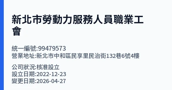 新北市勞動力服務人員職業工會的照片-統編 99479573(新北市) 公司登記資料與營業項目詳細圖表