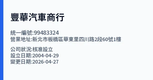 豐華汽車商行的照片-統編 99483324(新北市) 公司登記資料與營業項目詳細圖表