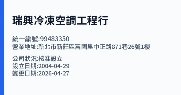 瑞興冷凍空調工程行的照片-統編 99483350(新北市) 公司登記資料與營業項目詳細圖表