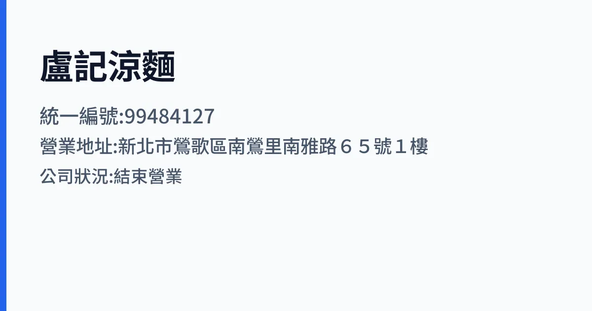 盧記涼麵 - 統編 99484127(新北市) 公司登記資料與營業項目詳細圖表