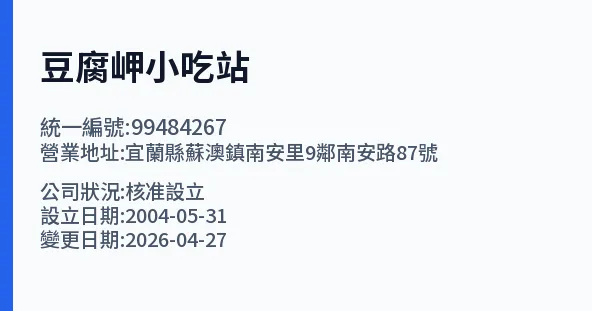 豆腐岬小吃站的照片-統編 99484267(宜蘭縣) 公司登記資料與營業項目詳細圖表