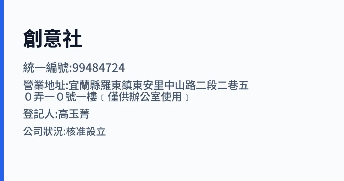 創意社 - 統編 99484724(宜蘭縣) 公司登記資料與營業項目詳細圖表