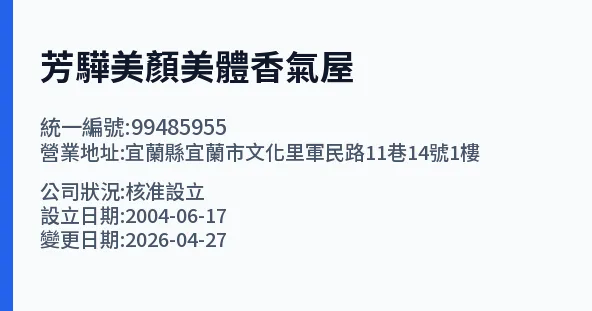 芳驊美顏美體香氣屋的照片-統編 99485955(宜蘭縣) 公司登記資料與營業項目詳細圖表