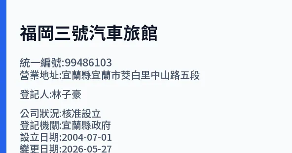 福岡三號汽車旅館的照片-統編 99486103(宜蘭縣) 公司登記資料與營業項目詳細圖表