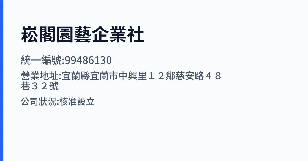 崧閣園藝企業社 - 統編 99486130（宜蘭縣） 公司登記資料與營業項目詳細圖表