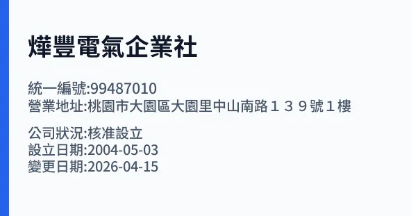 燁豐電氣企業社的照片-統編 99487010(桃園市) 公司登記資料與營業項目詳細圖表