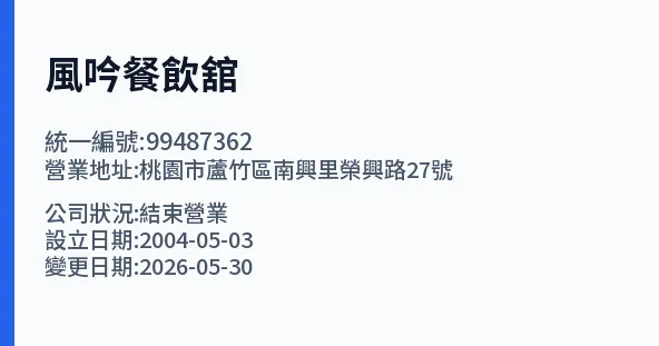 風吟餐飲舘的照片-統編 99487362(桃園市) 公司登記資料與營業項目詳細圖表