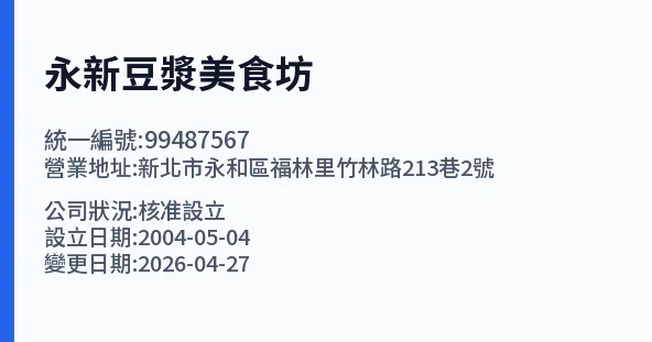 永新豆漿美食坊的照片-統編 99487567(新北市) 公司登記資料與營業項目詳細圖表