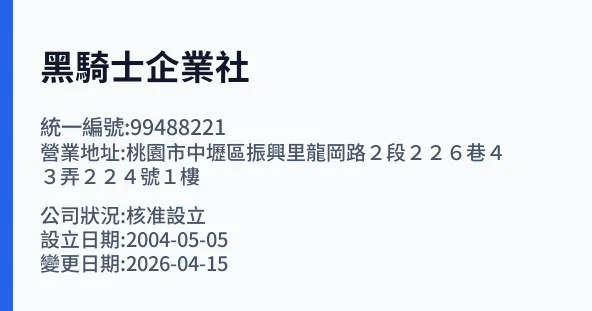 黑騎士企業社的照片-統編 99488221(桃園市) 公司登記資料與營業項目詳細圖表