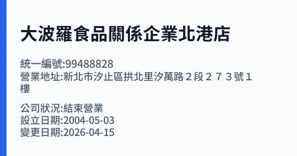 大波羅食品關係企業北港店的照片-統編 99488828(新北市) 公司登記資料與營業項目詳細圖表