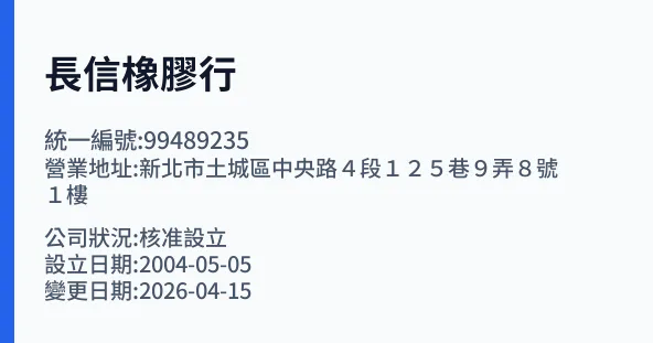 長信橡膠行的照片-統編 99489235(新北市) 公司登記資料與營業項目詳細圖表