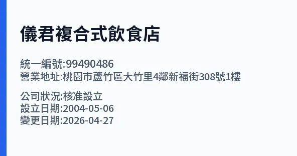 儀君複合式飲食店的照片-統編 99490486(桃園市) 公司登記資料與營業項目詳細圖表