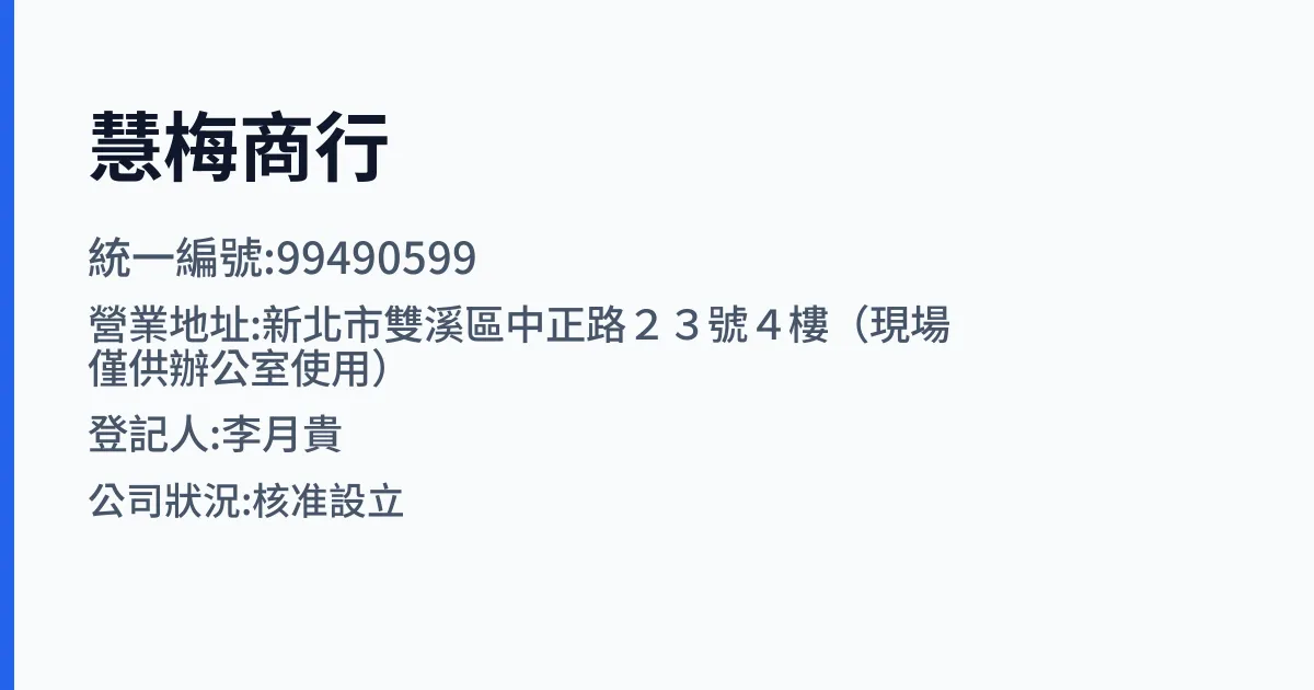 慧梅商行 - 統編 99490599(新北市) 公司登記資料與營業項目詳細圖表