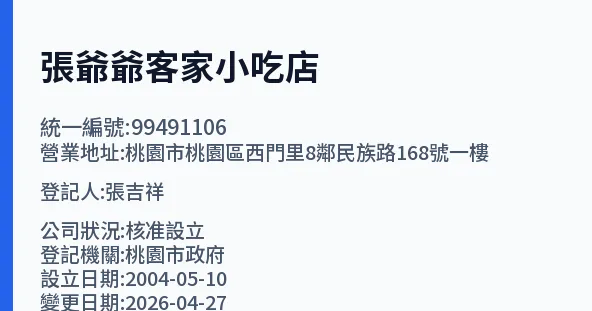 張爺爺客家小吃店的照片-統編 99491106(桃園市) 公司登記資料與營業項目詳細圖表