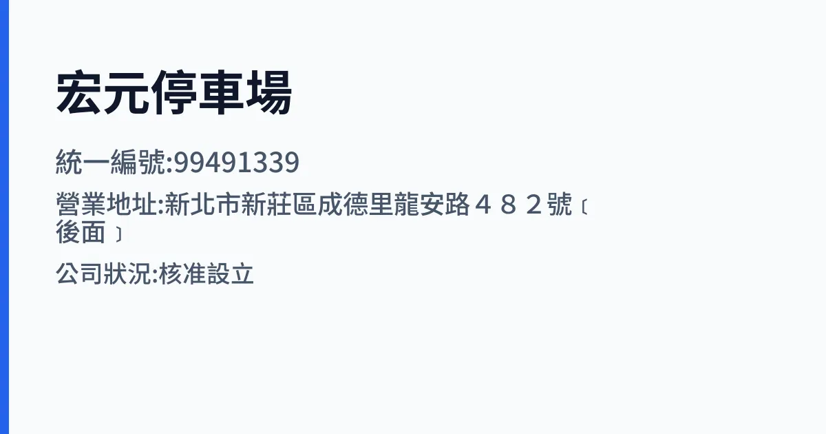 宏元停車場 - 統編 99491339(新北市) 公司登記資料與營業項目詳細圖表