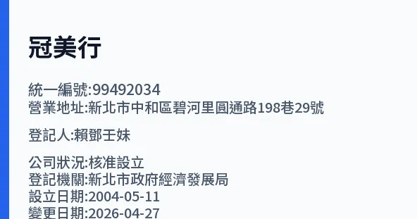 冠美行的照片-統編 99492034(新北市) 公司登記資料與營業項目詳細圖表
