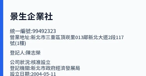 景生企業社的照片-統編 99492323(新北市) 公司登記資料與營業項目詳細圖表