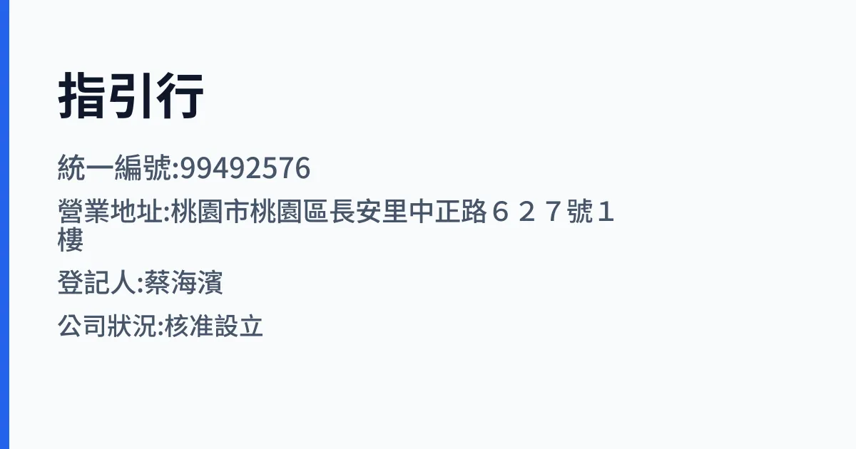 指引行 - 統編 99492576(桃園市) 公司登記資料與營業項目詳細圖表
