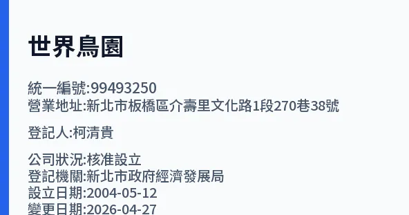 世界鳥園的照片-統編 99493250(新北市) 公司登記資料與營業項目詳細圖表