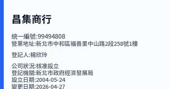 昌集商行的照片-統編 99494808(新北市) 公司登記資料與營業項目詳細圖表