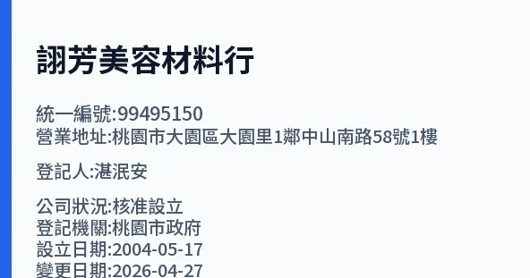詡芳美容材料行的照片-統編 99495150(桃園市) 公司登記資料與營業項目詳細圖表