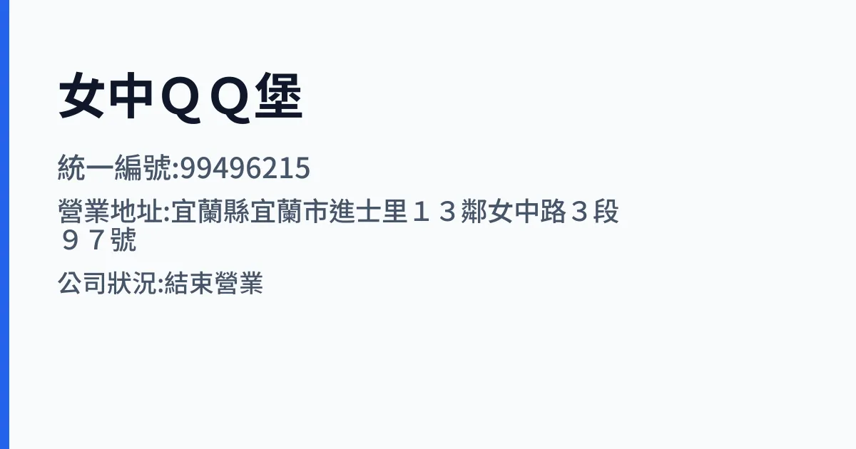 女中ＱＱ堡 - 統編 99496215(宜蘭縣) 公司登記資料與營業項目詳細圖表