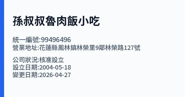 孫叔叔魯肉飯小吃的照片-統編 99496496(花蓮縣) 公司登記資料與營業項目詳細圖表