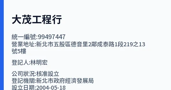大茂工程行的照片-統編 99497447(新北市) 公司登記資料與營業項目詳細圖表