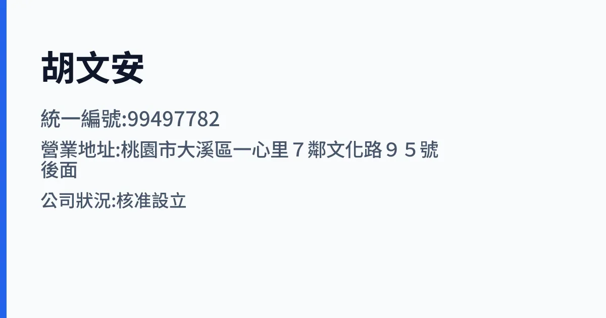 胡文安 - 統編 99497782(桃園市) 公司登記資料與營業項目詳細圖表