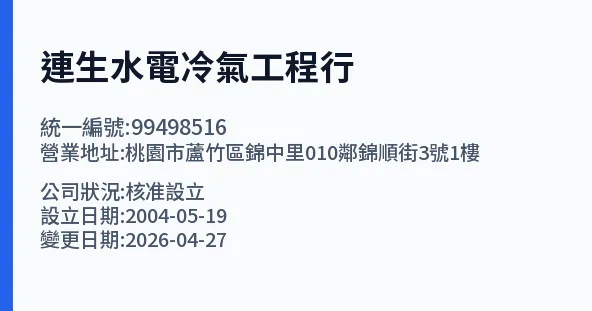 連生水電冷氣工程行的照片-統編 99498516(桃園市) 公司登記資料與營業項目詳細圖表