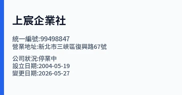 上宸企業社的照片-統編 99498847(新北市) 公司登記資料與營業項目詳細圖表