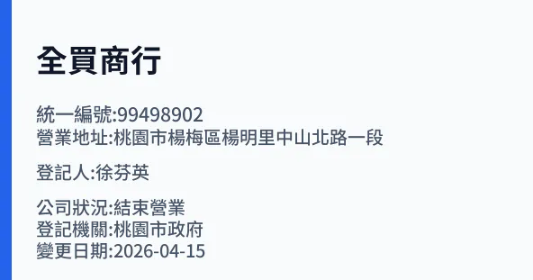 全買商行的照片-統編 99498902(桃園市) 公司登記資料與營業項目詳細圖表