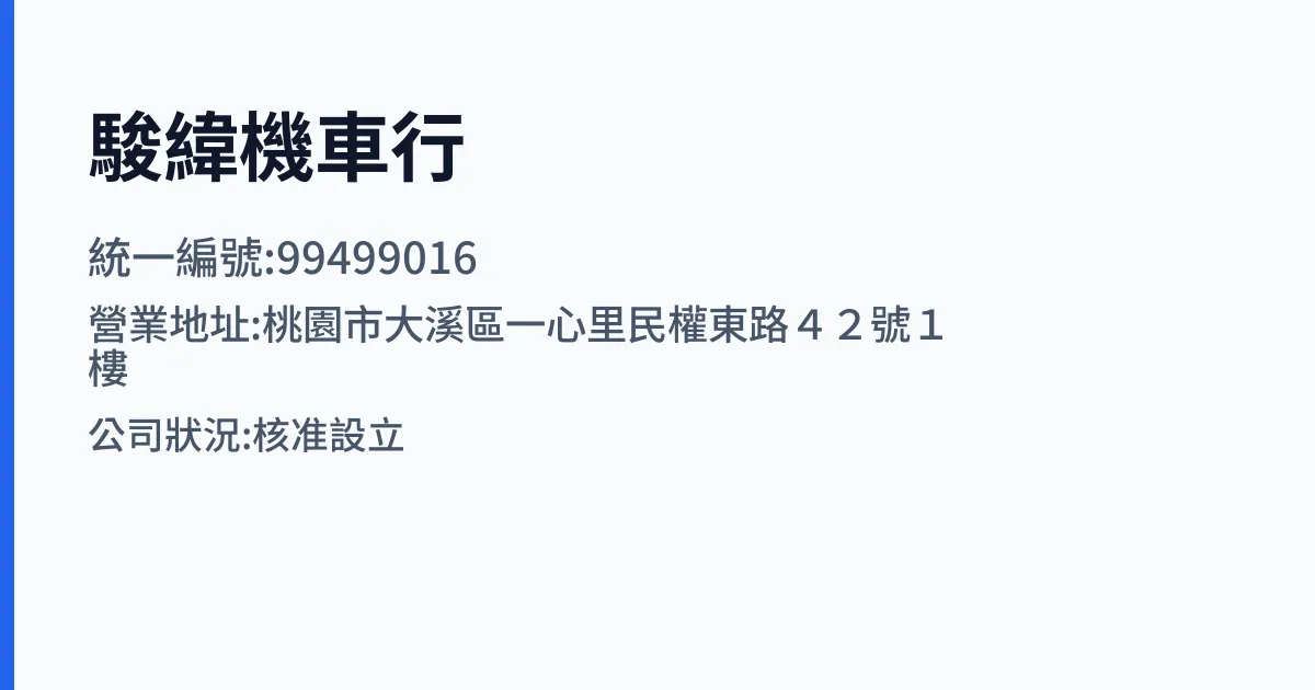 駿緯機車行 - 統編 99499016(桃園市) 公司登記資料與營業項目詳細圖表