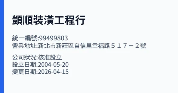 顗順裝潢工程行的照片-統編 99499803(新北市) 公司登記資料與營業項目詳細圖表
